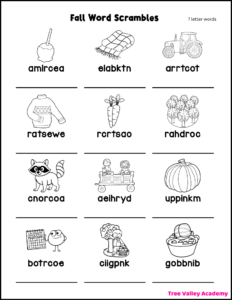 Fall Word Scramble Worksheets - Tree Valley Academy