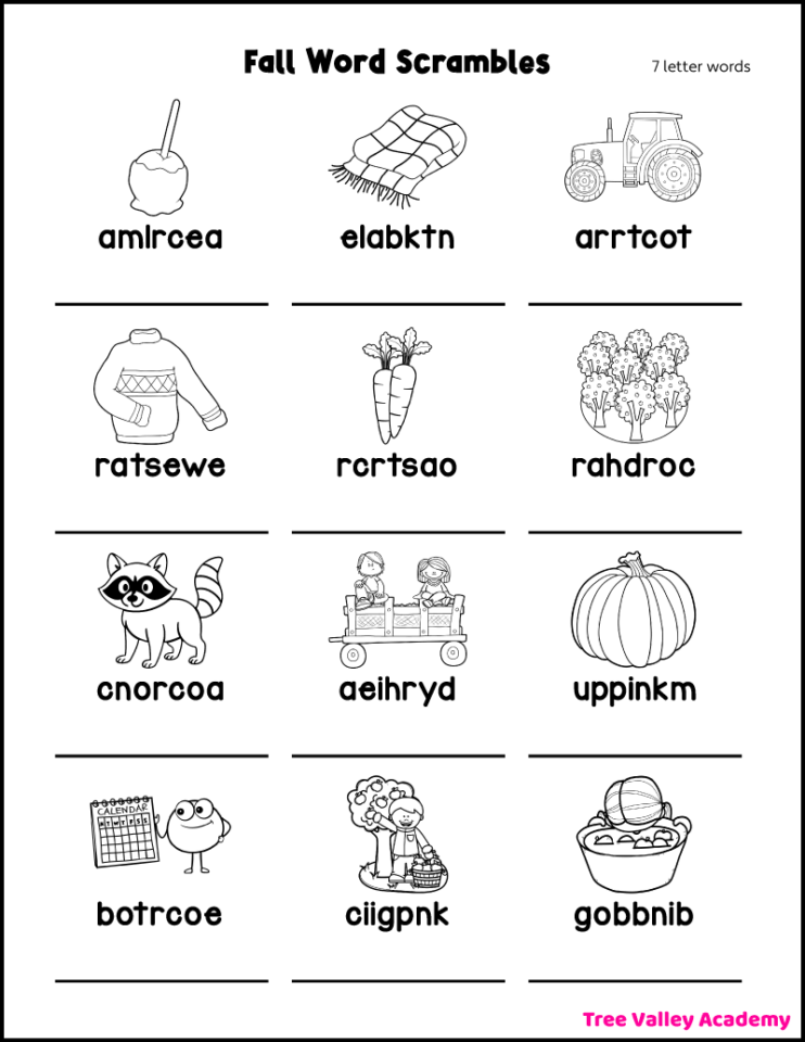 Fall Word Scramble Worksheets - Tree Valley Academy