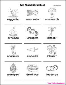 Fall Word Scramble Worksheets - Tree Valley Academy