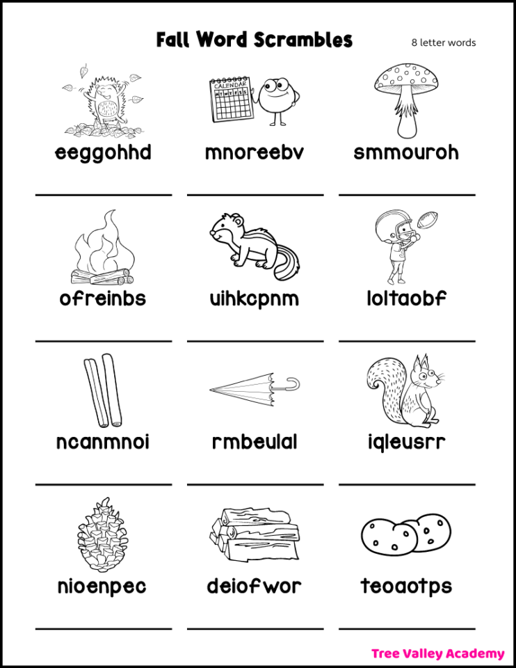 Fall Word Scramble Worksheets - Tree Valley Academy