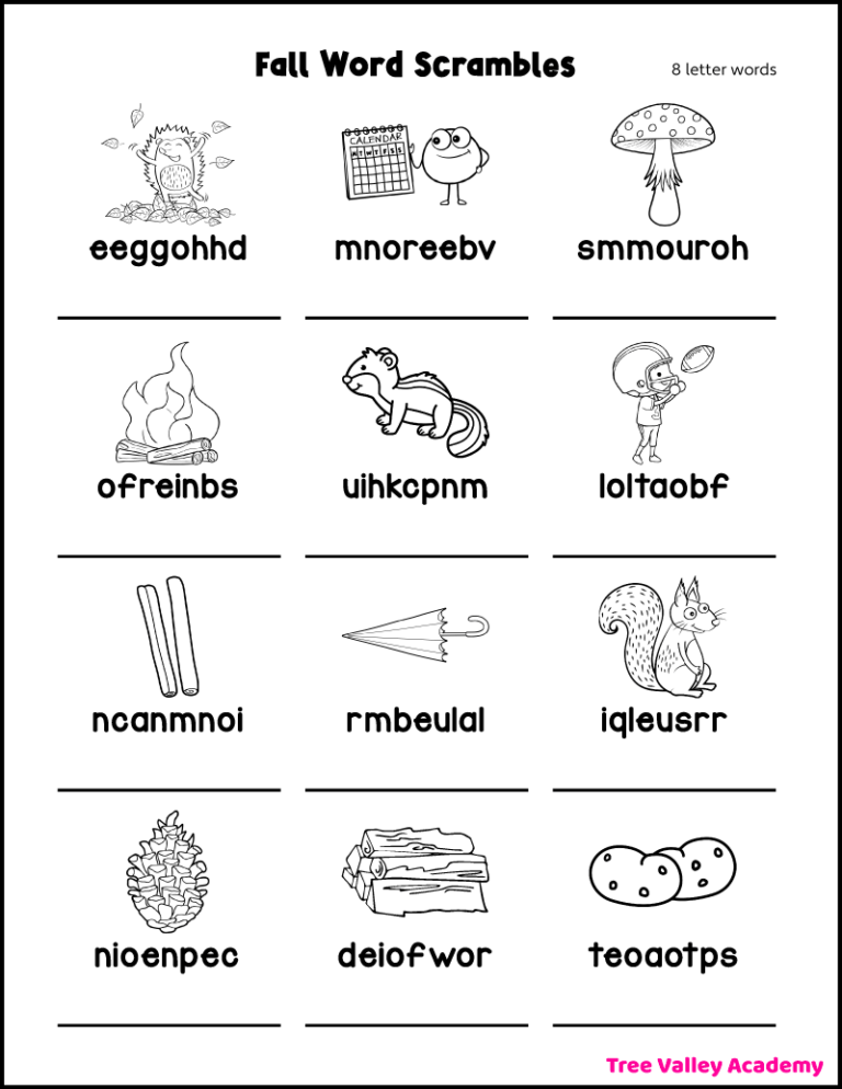 Fall Word Scramble Worksheets - Tree Valley Academy