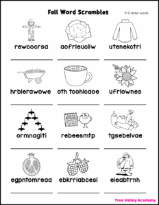 Fall Word Scramble Worksheets - Tree Valley Academy