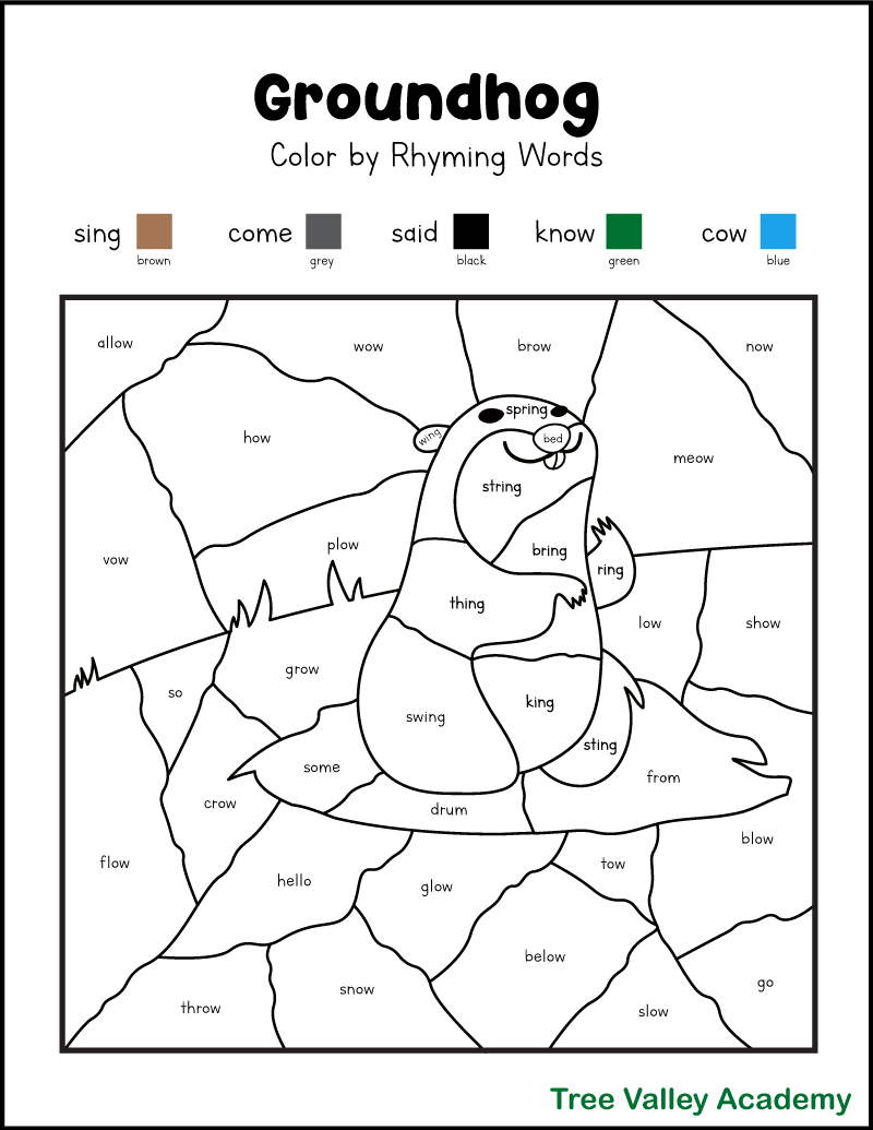 Groundhog Day Coloring Rhyming Worksheets for 1st Grade