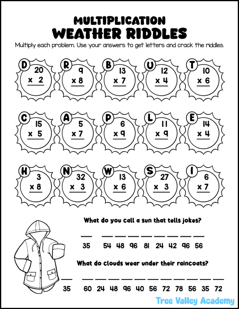 Weather Multiplication Riddles Worksheets - Tree Valley Academy
