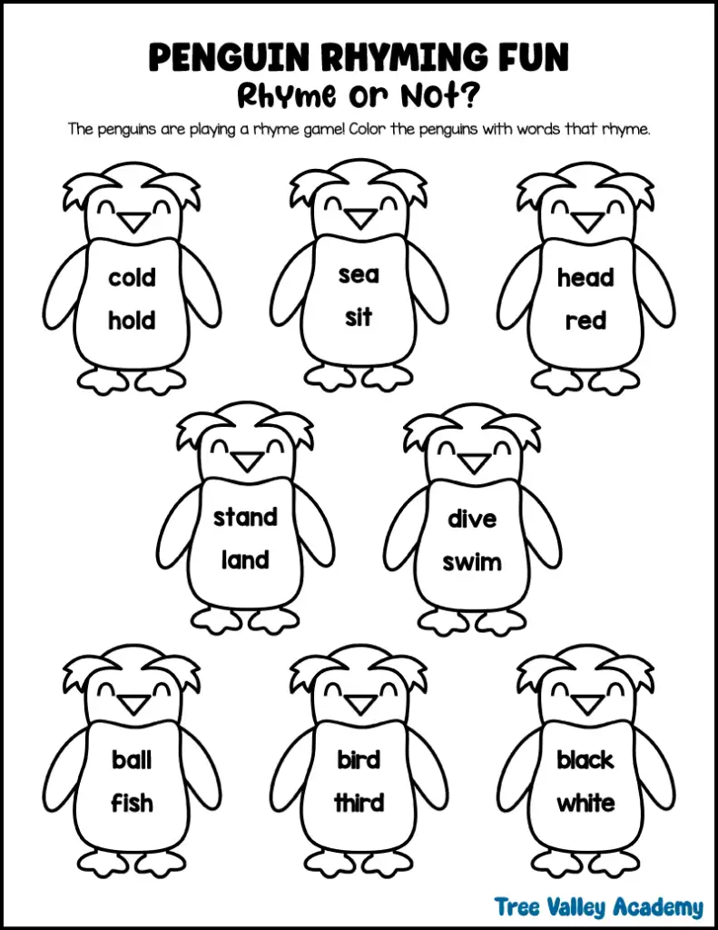 Winter Penguin Rhyming Words Worksheets (Free Printable PDF)