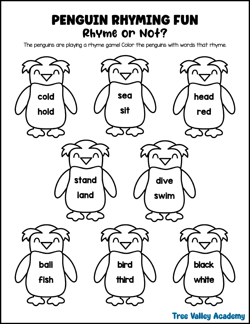 Winter Penguin Rhyming Words Worksheets (Free Printable PDF)