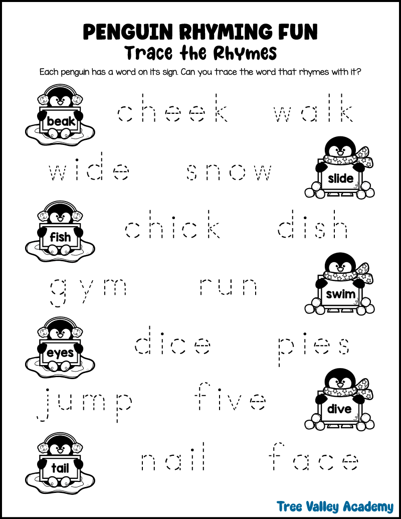 Winter Penguin Rhyming Words Worksheets (Free Printable PDF)