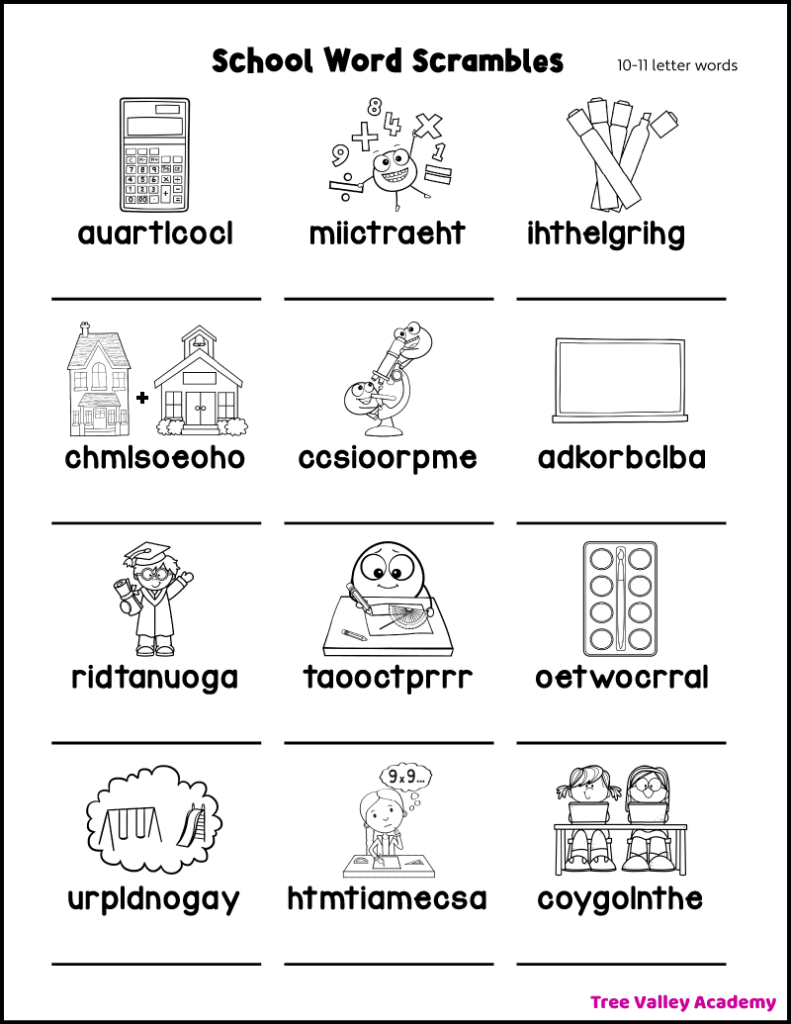 School Word Scramble Worksheets - Tree Valley Academy