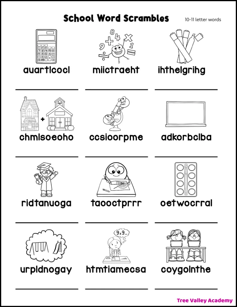 School Word Scramble Worksheets - Tree Valley Academy