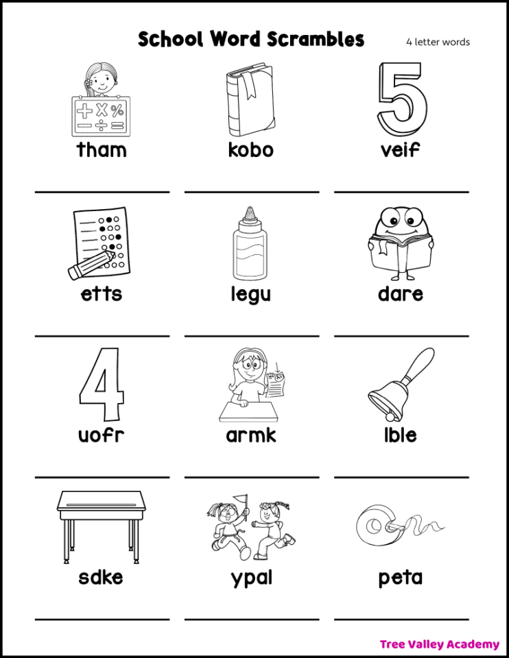 School Word Scramble Worksheets - Tree Valley Academy
