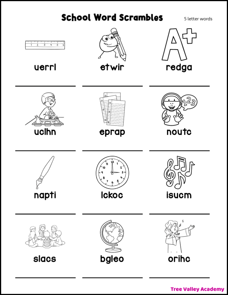 School Word Scramble Worksheets - Tree Valley Academy