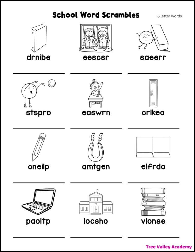 School Word Scramble Worksheets - Tree Valley Academy