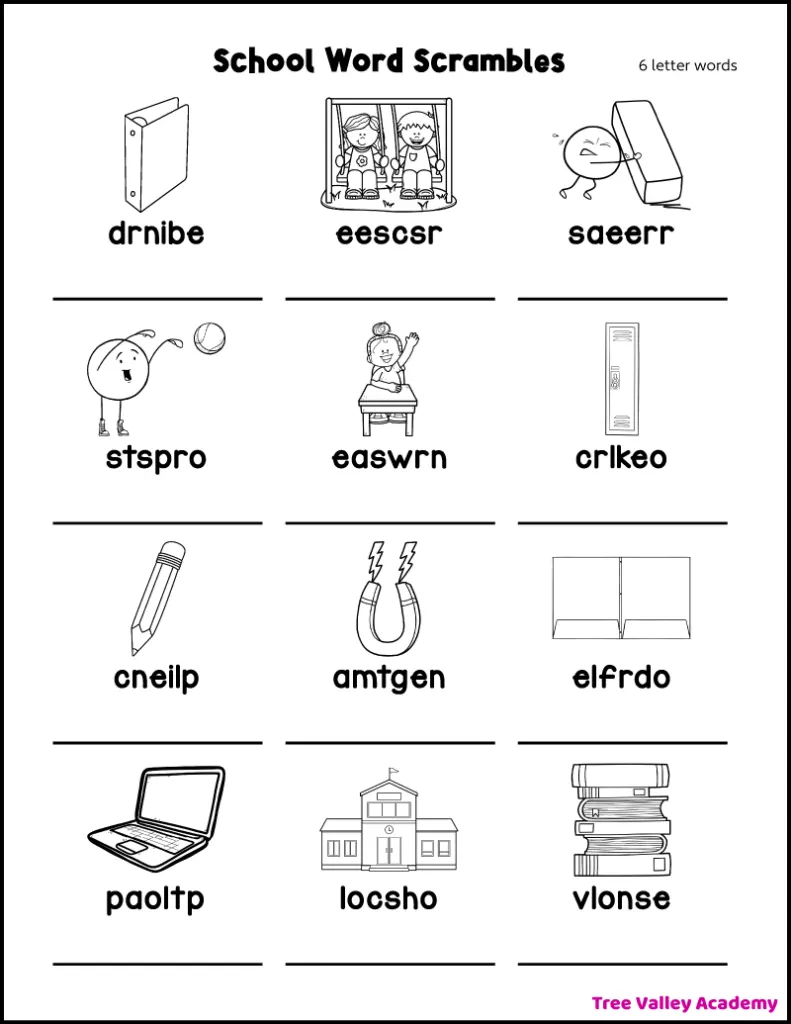 School Word Scramble Worksheets - Tree Valley Academy