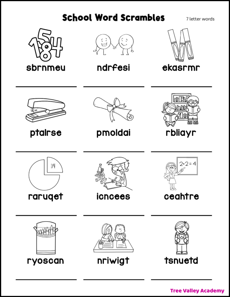 School Word Scramble Worksheets - Tree Valley Academy
