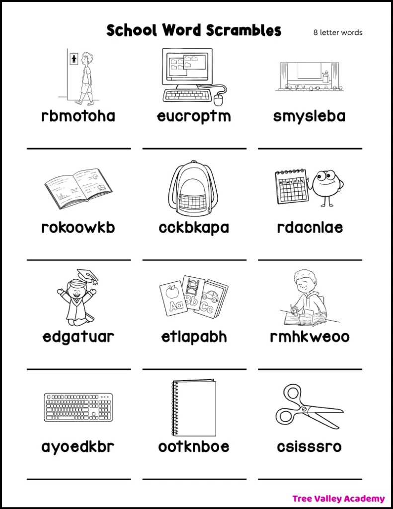 School Word Scramble Worksheets - Tree Valley Academy