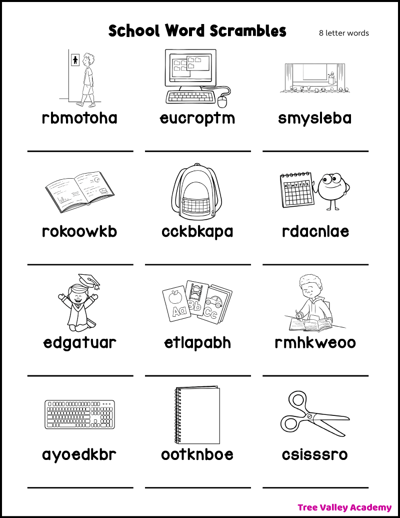 School Word Scramble Worksheets - Tree Valley Academy