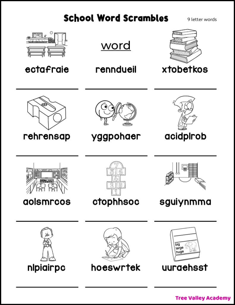 School Word Scramble Worksheets - Tree Valley Academy