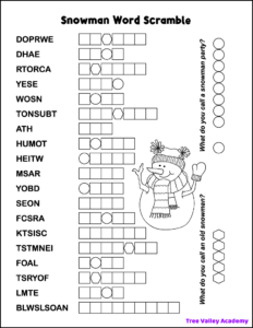 Snowman Word Scramble - Tree Valley Academy