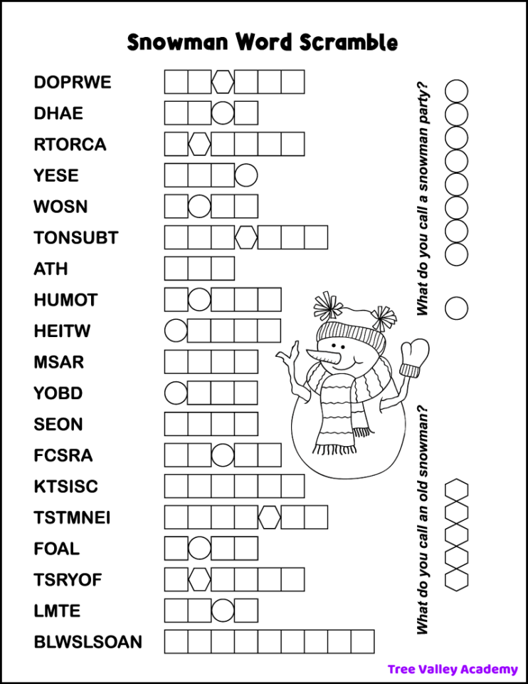 Snowman Word Scramble - Tree Valley Academy